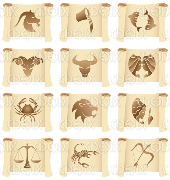 zodiac star signs, horoscopes on beige paper scrolls | Cidepix