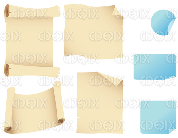 beige paper scrolls and blue stickers | Cidepix